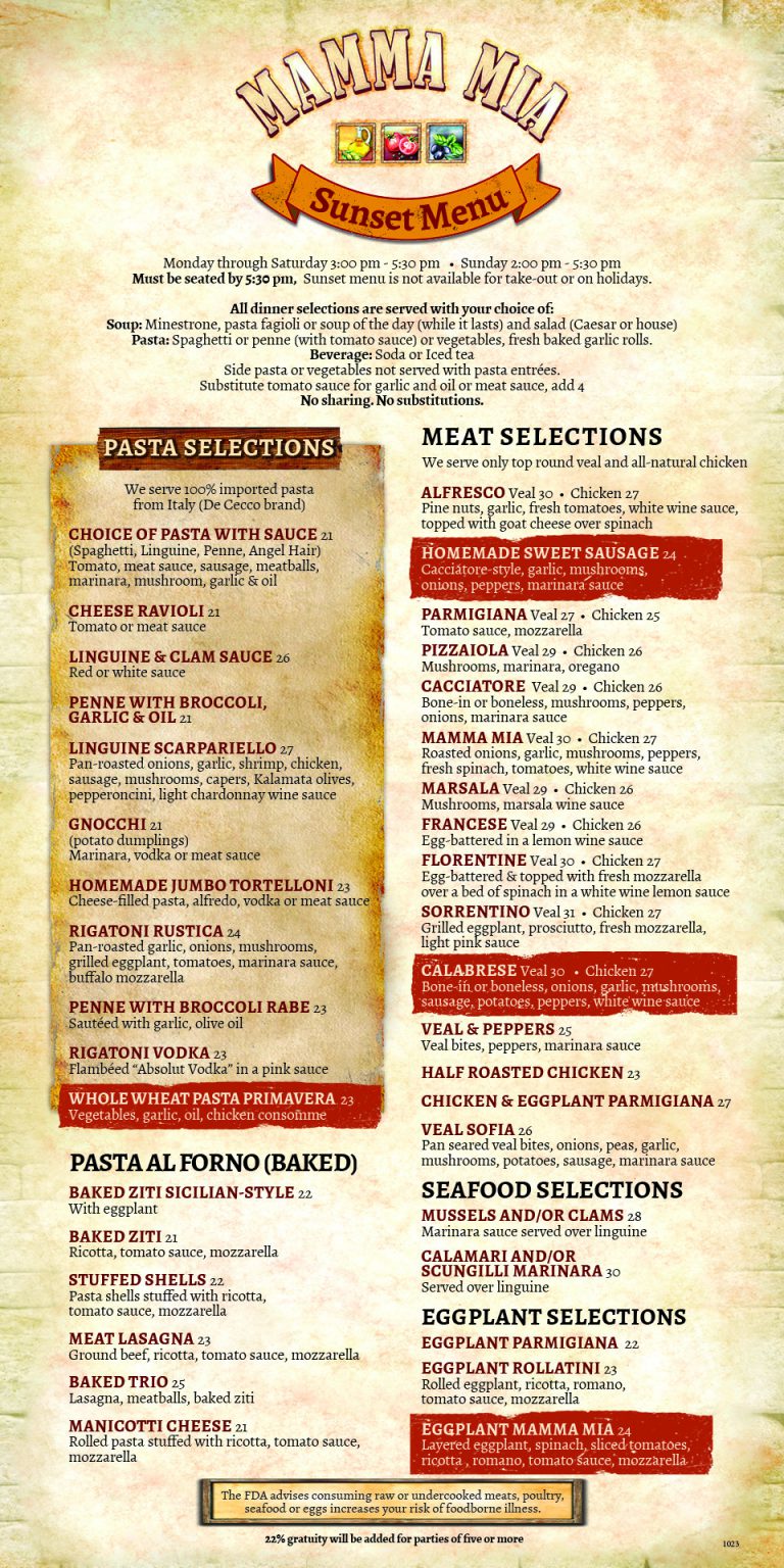 Sunset Menu | Mamma Mia Italian Restaurant & Pizzeria of Boynton Beach